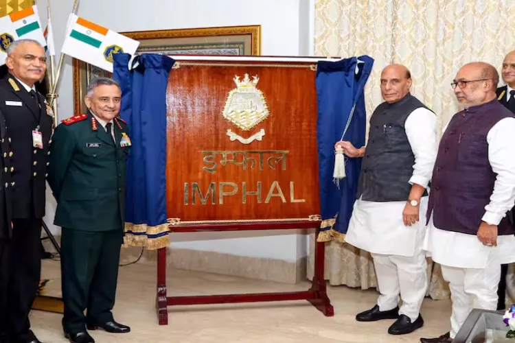 Defence Minister Rajnath Singh unveils crest of INS Imphal in New Delhi